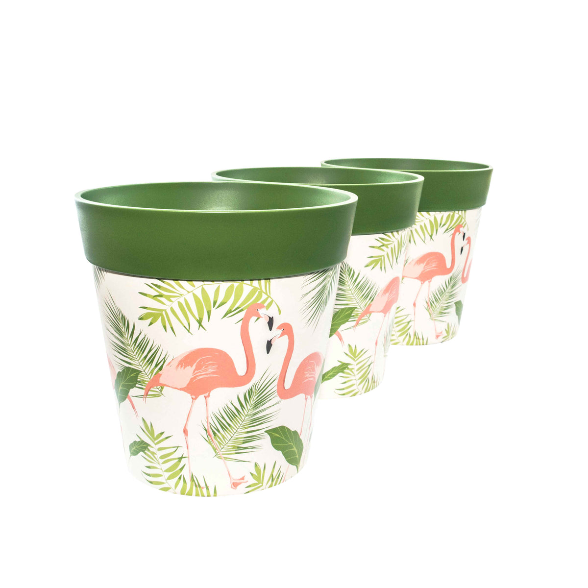 Set of 3 Green Plastic Flamingo Pattern Indoor/Outdoor Pots 22cm x 22c ...