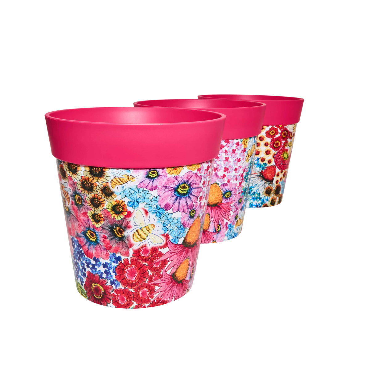 Set of 3 Plastic Pink Flowers & Bees Indoor/Outdoor Pots 22cm x 22cm ...