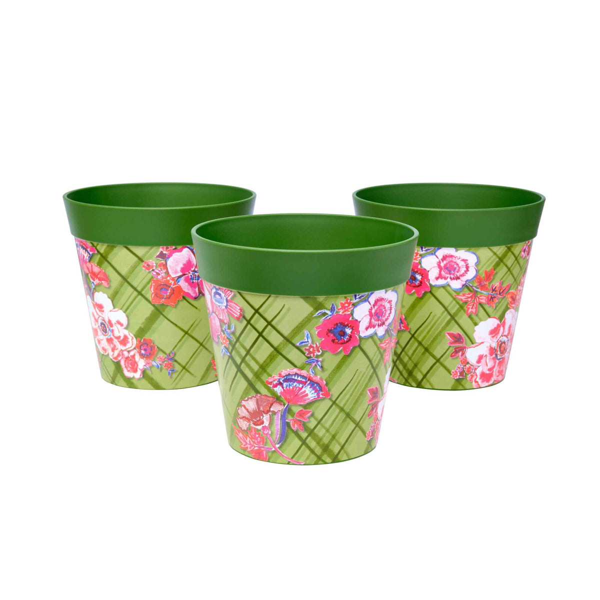 Set of 3 Small Plastic Green Trellis Floral , 15cm Indoor/Outdoor Pots ...
