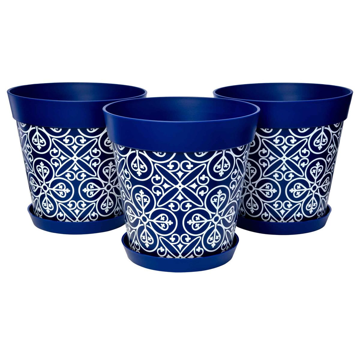 Combination Set of 3 Plastic Blue Maroc Tile 25cm Pots with Saucers ...