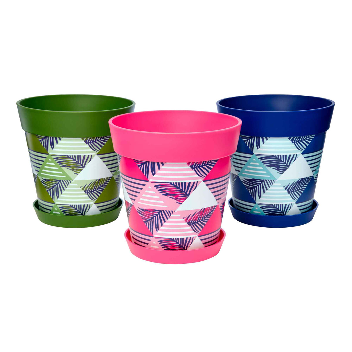 Combination Set of 3 Plastic Multicoloured 22cm Geometric Pots with Sa ...