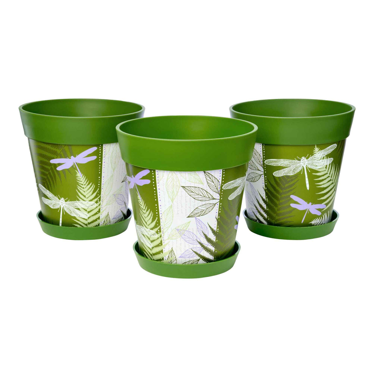 Combination Set of 3 Plastic Green Dragonflies 22cm Pots with Saucers ...