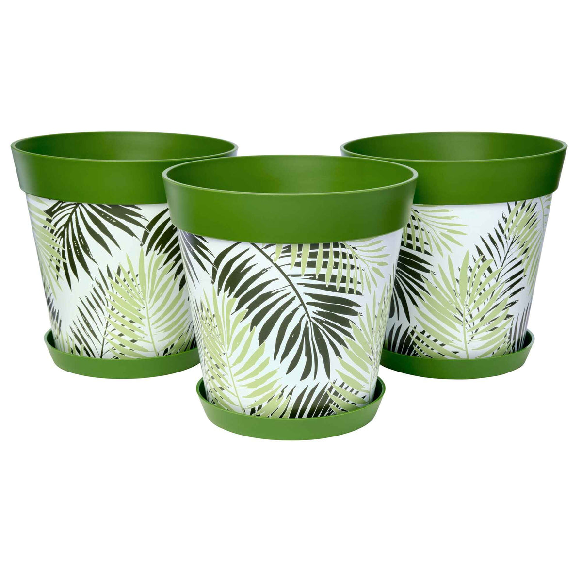 Combination Set of 3 Plastic Green Fern Pattern 25cm Pots with Saucers ...