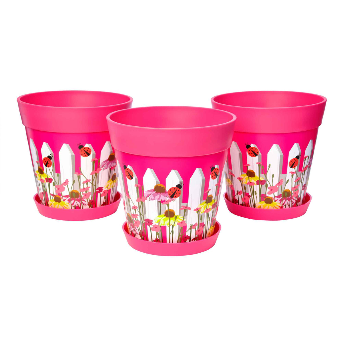 Combination Set of 3 Plastic Pink Picket Fence 22cm Floral Pots with S ...